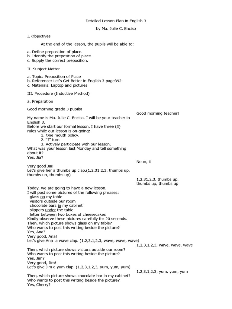 Detailed Lesson Plan in English 3 - Preposition | PDF | Spoon | English Language