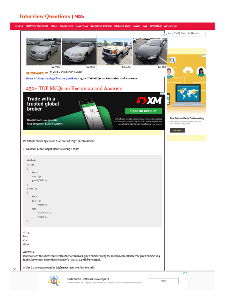 Engineeringinterviewquestions Com Mcqs On Recursion Answers | PDF | Control Flow | Multiple Choice