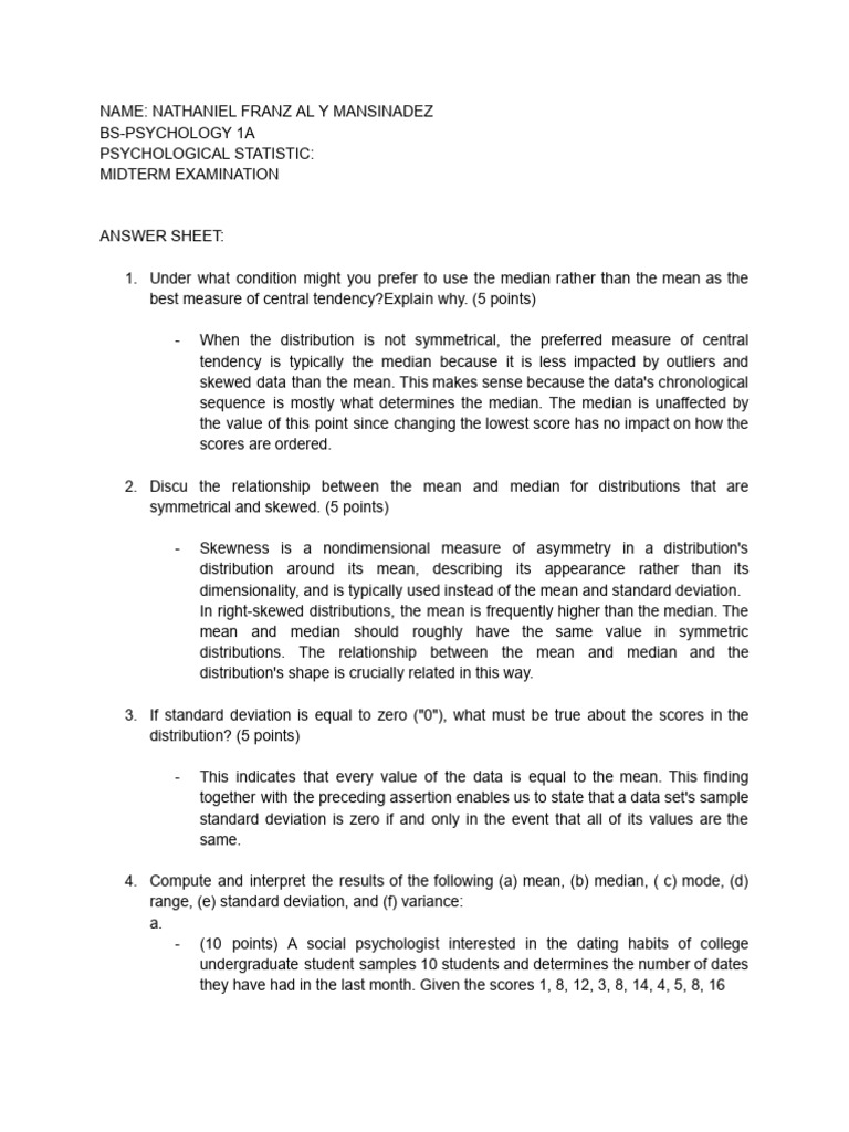 Midterm Exam Answers: Psychological Statistics | PDF | Skewness | Mean