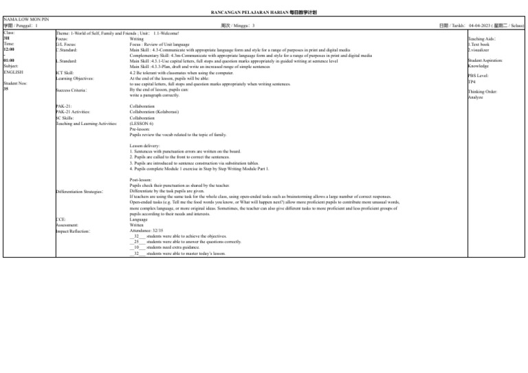 Lesson Plan Year 3 English | PDF | Teachers | Lesson Plan