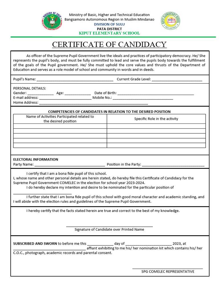 Certificate of Candidacy for SPG 2023-2024 | PDF