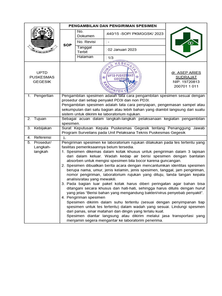 15 Sop Pengambilan Dan Pengiriman Spesimen | PDF