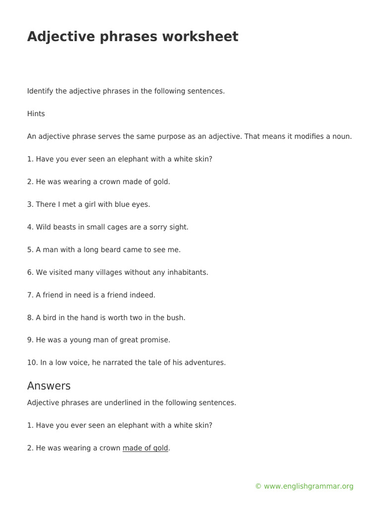 Adjective Phrases Worksheet | PDF