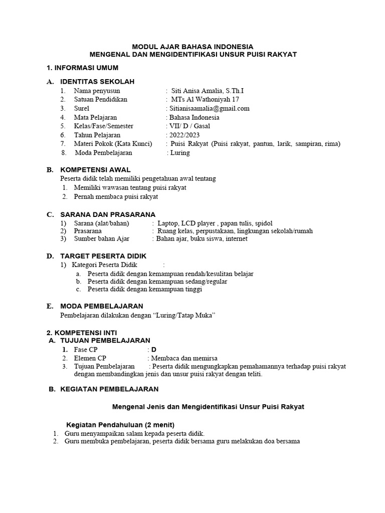 Modul Ajar Unsur Puisi Rakyat | PDF