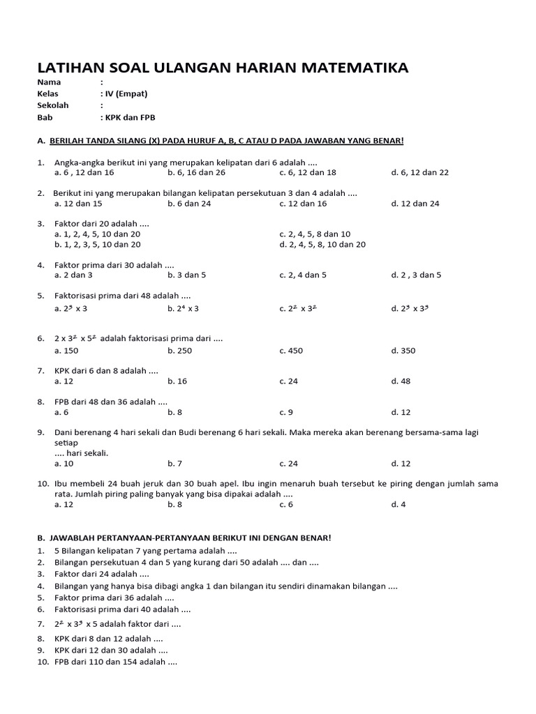 Soal Matematika Kelas 4: KPK & FPB | PDF