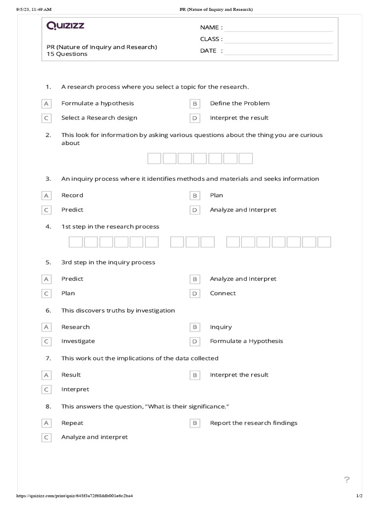 PR2 Quiz 1 | PDF | Scientific Method | Inquiry