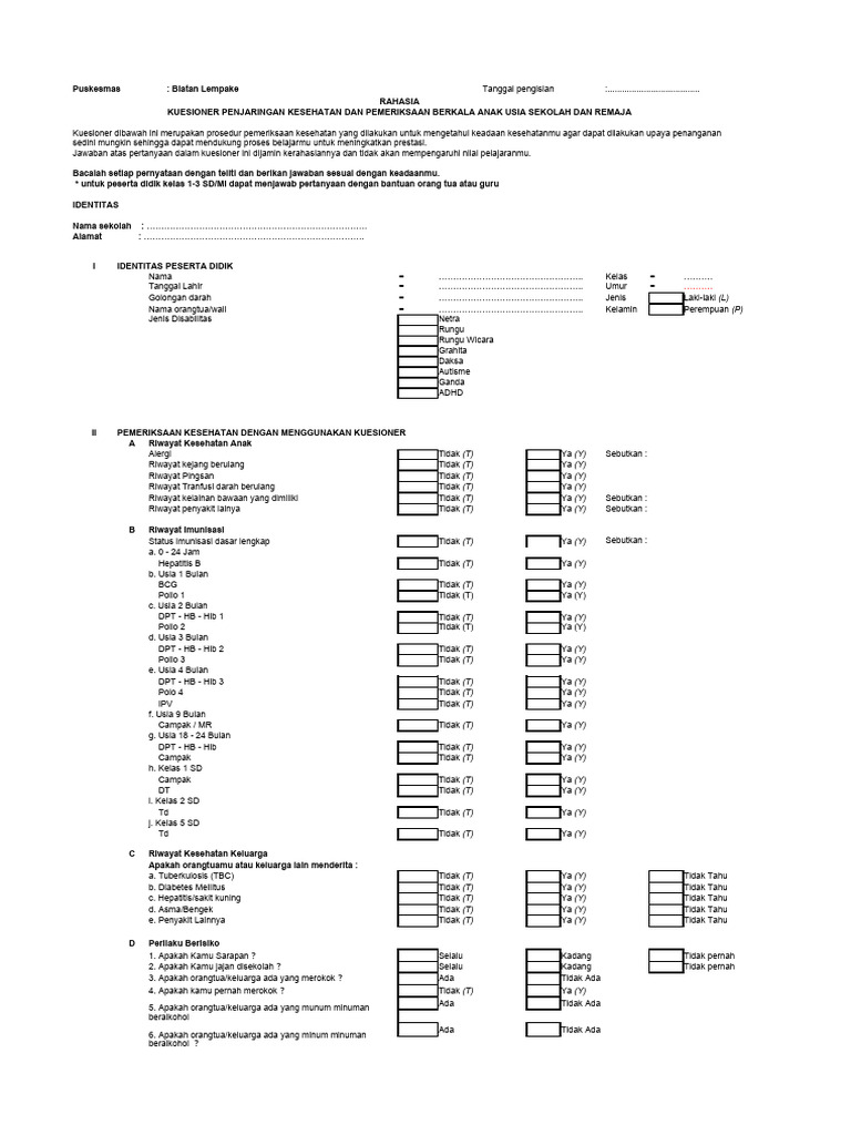 Kuesioner Penjaringan PKM Biatan | PDF