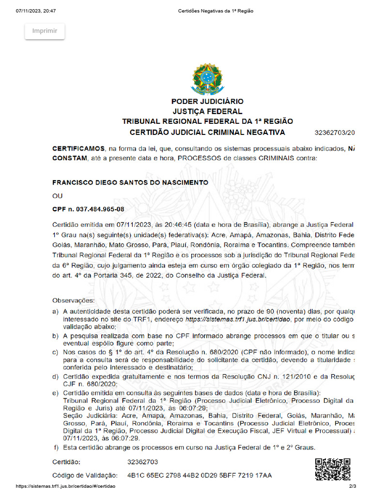 Certidão Da 1 Região (TRF1) Do Estado Da Bahia - Órgão Regionalizada (1 e 2 Graus) CRIMINAL | PDF