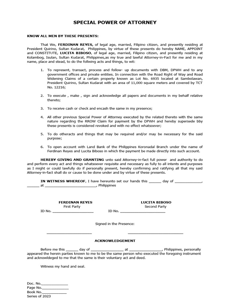 Special Power of Attorney: Know All Men by These Presents | Download ...