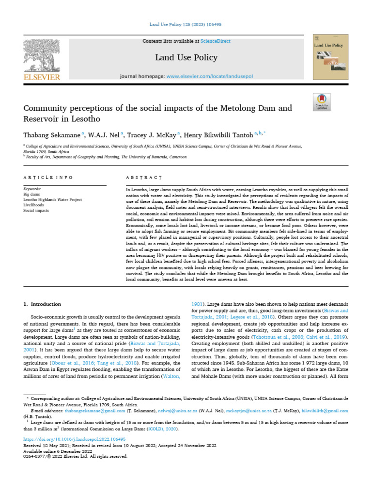 Community Perceptions of The Social Impacts of The Metolong Dam and ...