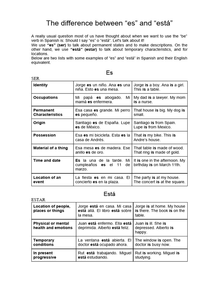 The Difference Between Es y Está | PDF | Language Arts & Discipline