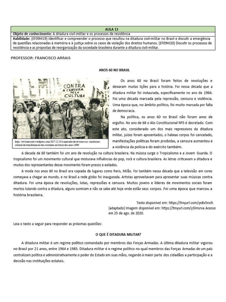 História 9º Ano - Aula 13 | PDF | Brasil