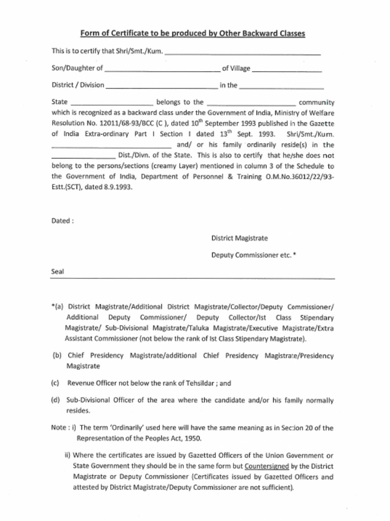 Form of OBC Certificate | PDF