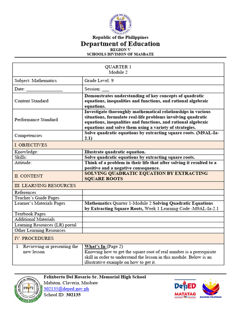 LP - MATH 9 Q1 m2 | PDF | Quadratic Equation | Equations