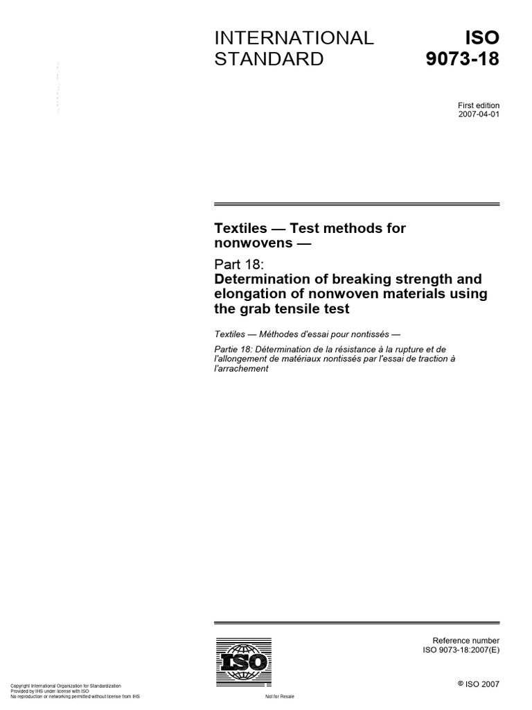 ISO 9073-18 2007 Nonwovens, Grab Tensile Test | PDF | Ultimate Tensile ...