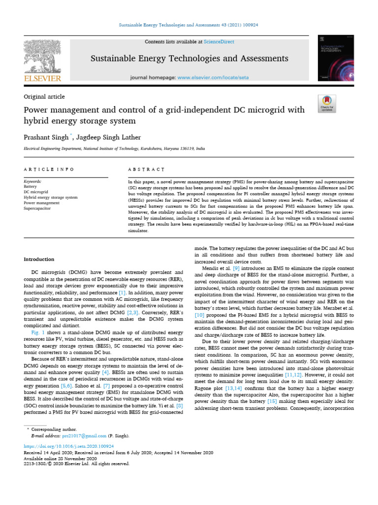 Power Management And Control Of A Grid Independent Dc Microgrid With Hybrid Energy Storage