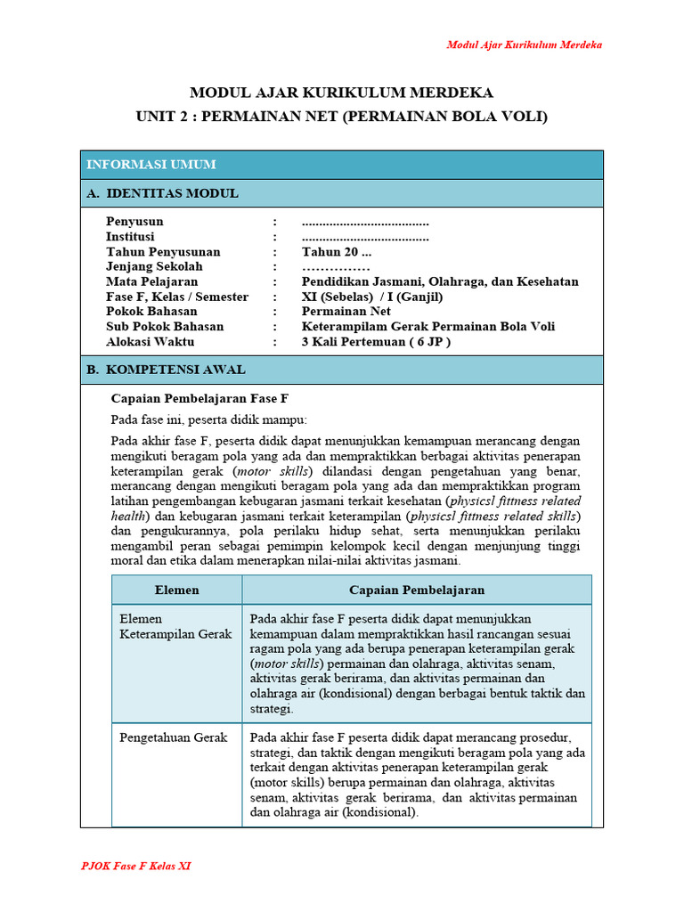 4. Modul Ajar Unit 2 Permainan Bola Voli | PDF