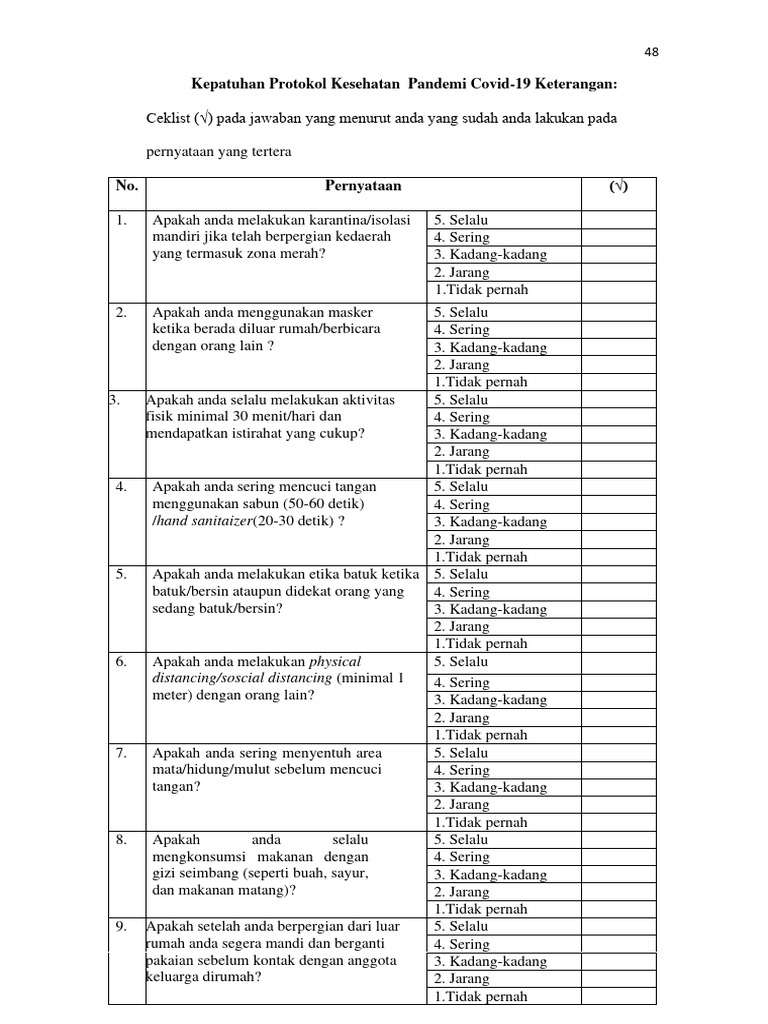 Contoh Kuesioner Kepatuhan Protokol Kesehatan Pandemi COVID-19 - Kuliah 2023 | PDF