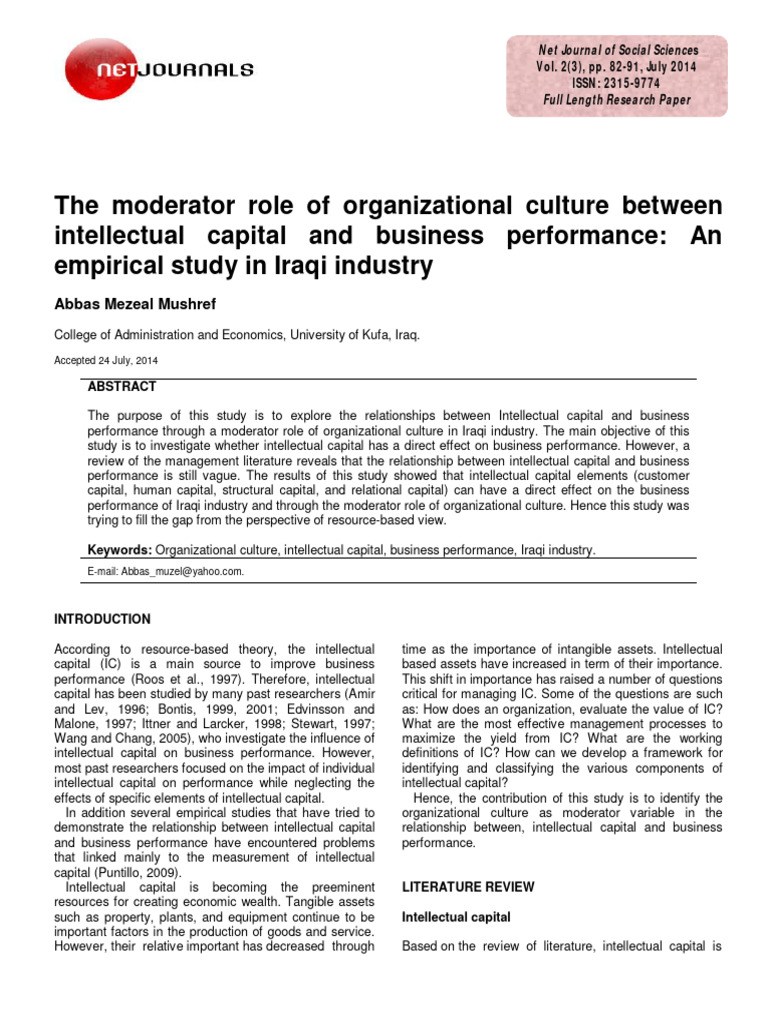 Mushref 2014 The Moderator Rolw of Organizational Culture Between IC and Business Performance ...