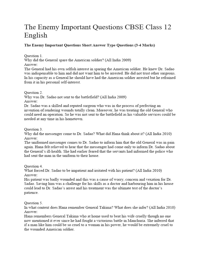 The Enemy Important Questions CBSE Class 12 English | PDF | Prisoner Of ...