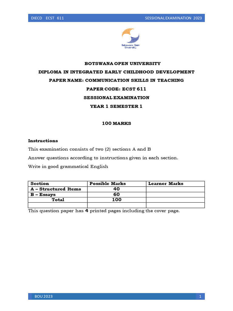 Ecst 611 Sessional Examination 2023 | PDF | Essays | Behavior Modification