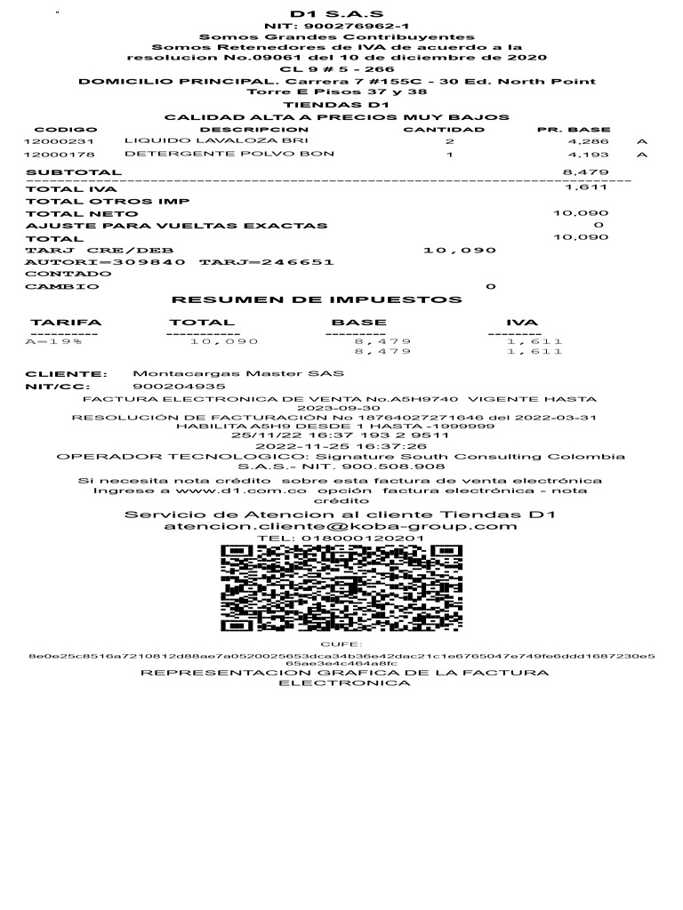 Factura Electrónica Tiendas D1 | PDF | Pagos | Servicios (economía)