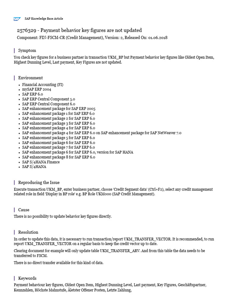 SAP Note 2576329 - Payment Behaviour Key Figures Not Updated | PDF | Software | Information ...