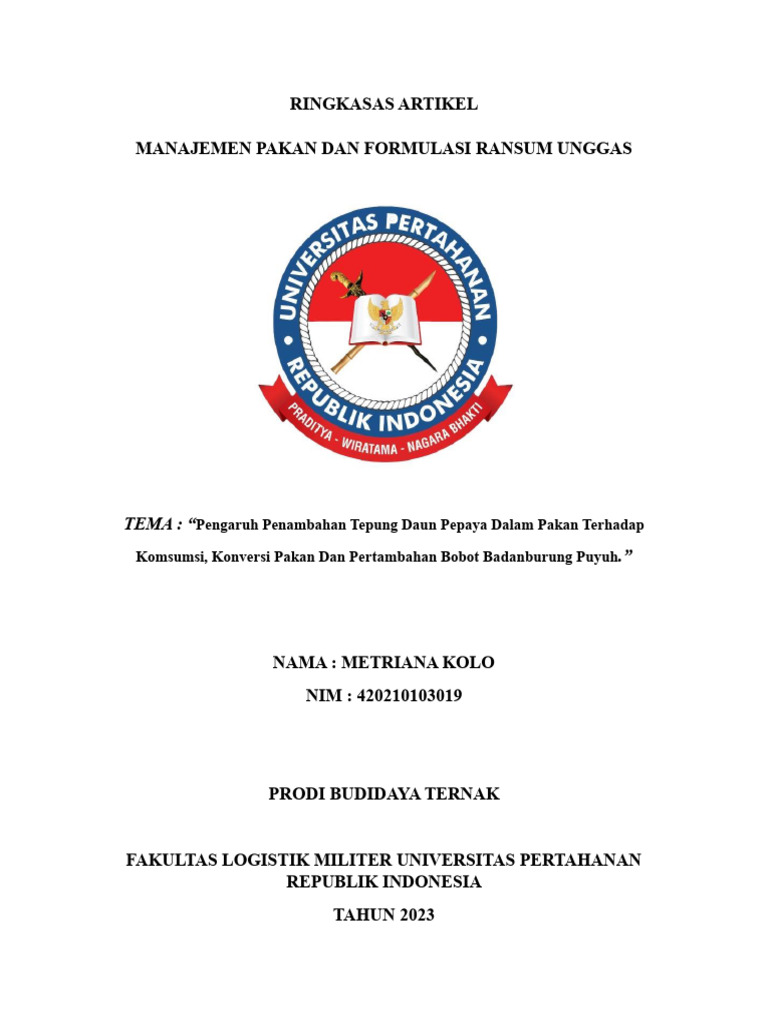 Tugas Ringkas Artikel Penambahan Daun Pepaya Pada Pelet Metriana Kolo | PDF