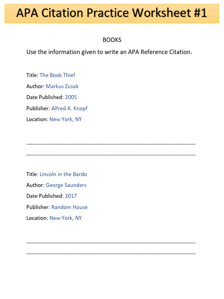APA Citation Practice Worksheet #1: Books Use The Information Given To ...