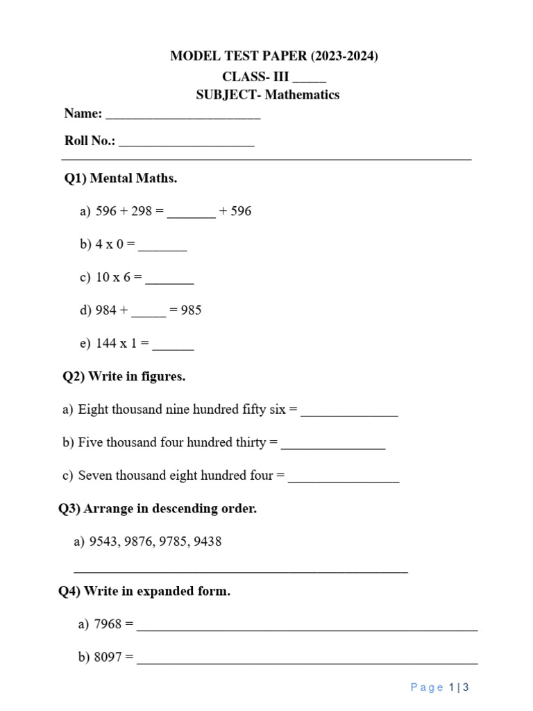 Class3 Model Test Paper | PDF | Mathematics | Arithmetic