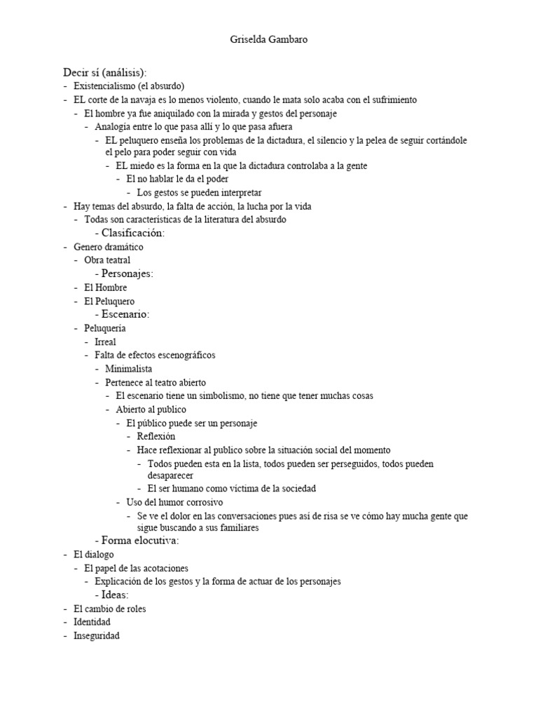 Griselda Gambaro - Decir Si (Notas) | PDF