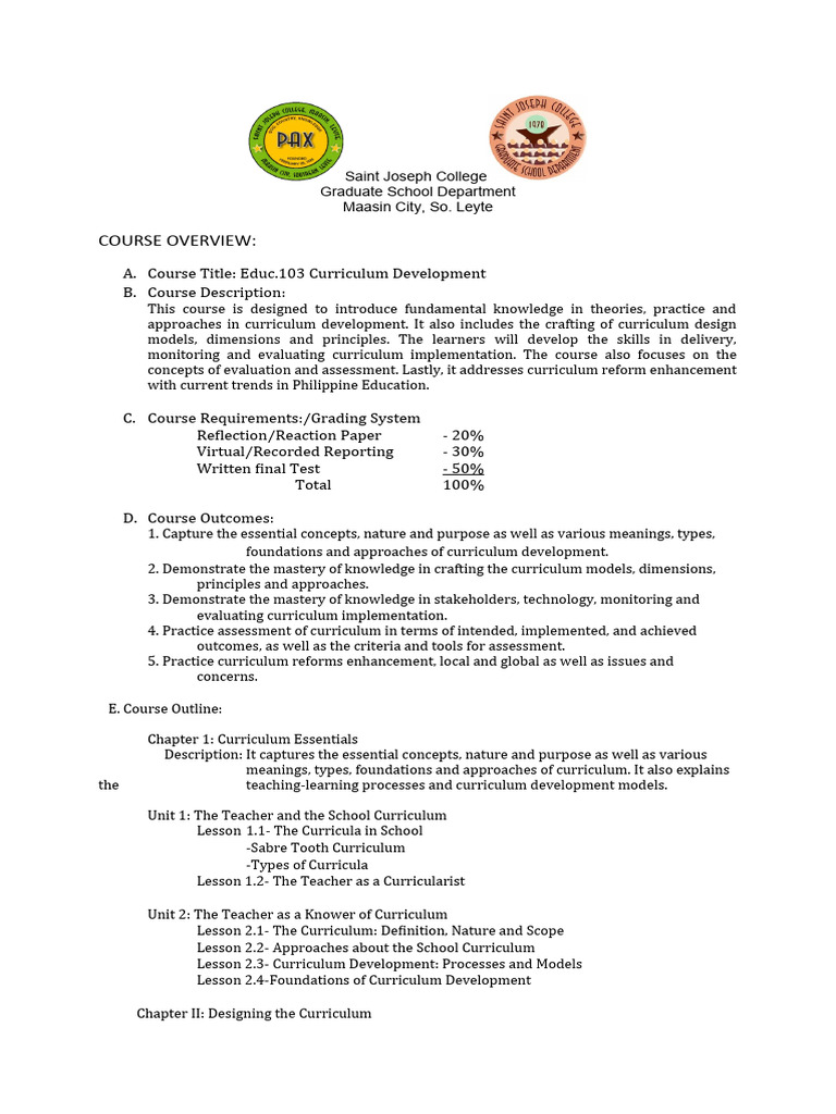 Course Outline Cur - Dev2023 | PDF | Curriculum | Educational Assessment