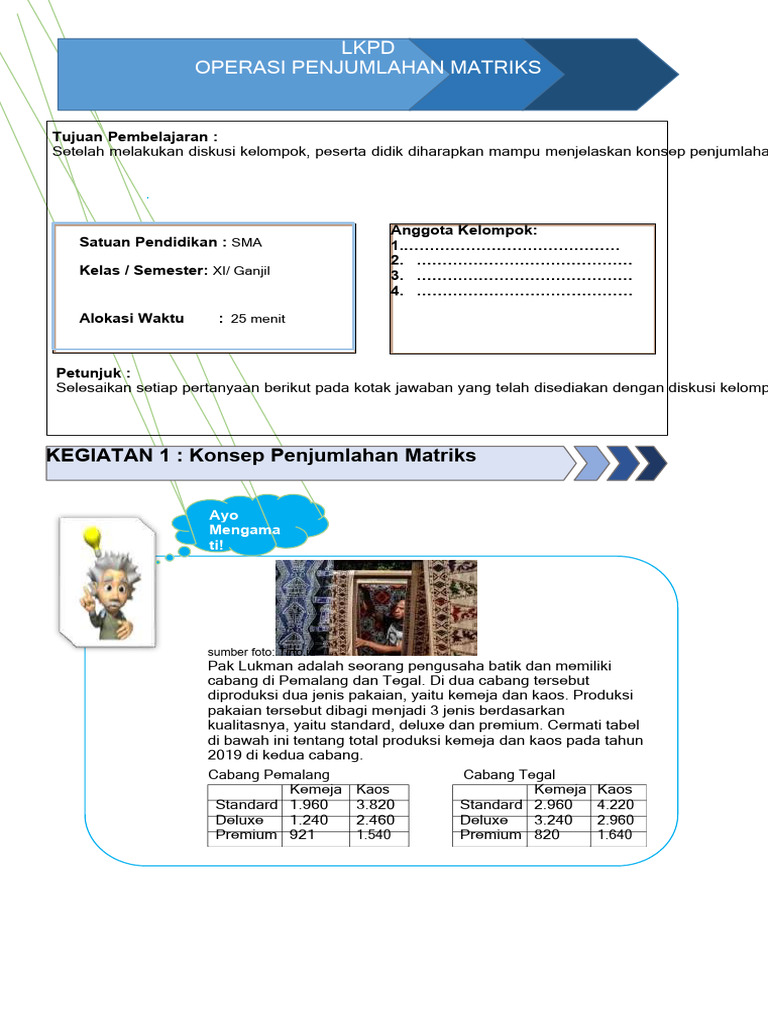 LKPD Operasi Penjumlahan Matriks 2020-9-23 Mewakili Tabel 4 Sajikan ...