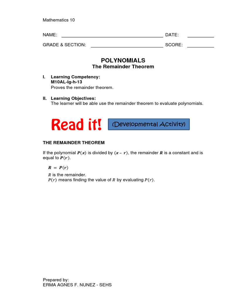 The Remainder Theorem | PDF | Polynomial | Mathematics