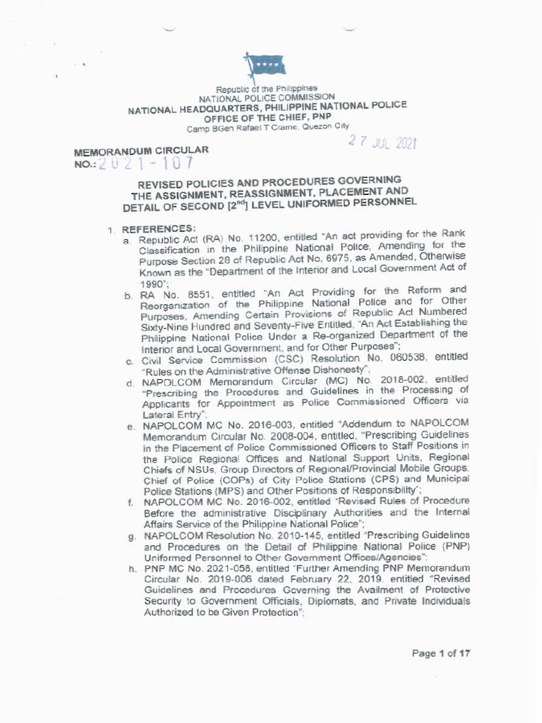PNP Memorandum Circular No 2021 107 | PDF