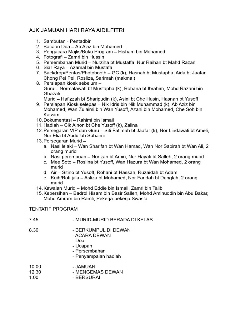 Ajk Jamuan Hari Raya Aidilfitri SMK Kemumin 2023 | PDF