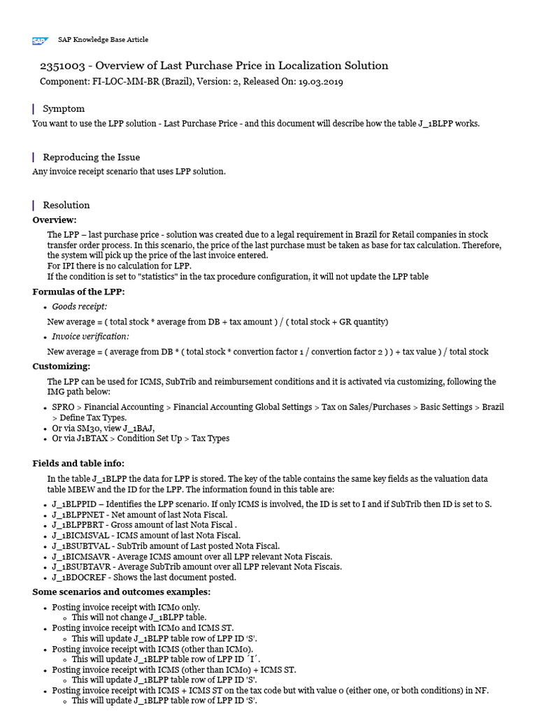 SAP Note 2351003 - Overview of Last Purchase Price in Localization ...
