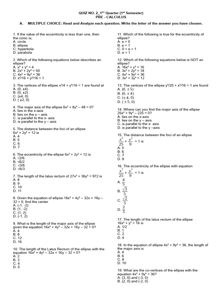 Quiz No. 2 - Pre Cal - 1ST QRTR | PDF | Ellipse | Differential Geometry