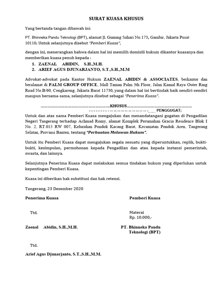 Surat Kuasa Dan Surat Gugatan PMH | PDF