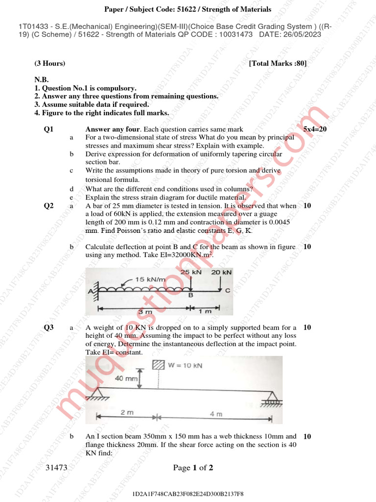Be Mechanical Engineering Semester 3 2023 May Strength of Materials Rev 2019 C Scheme | PDF ...