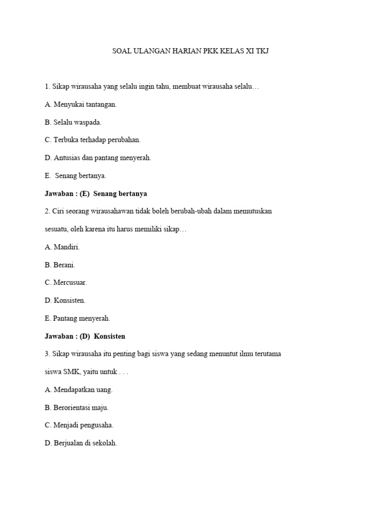 SOAL ULANGAN HARIAN PKK KELAS XI TK1 Key | PDF