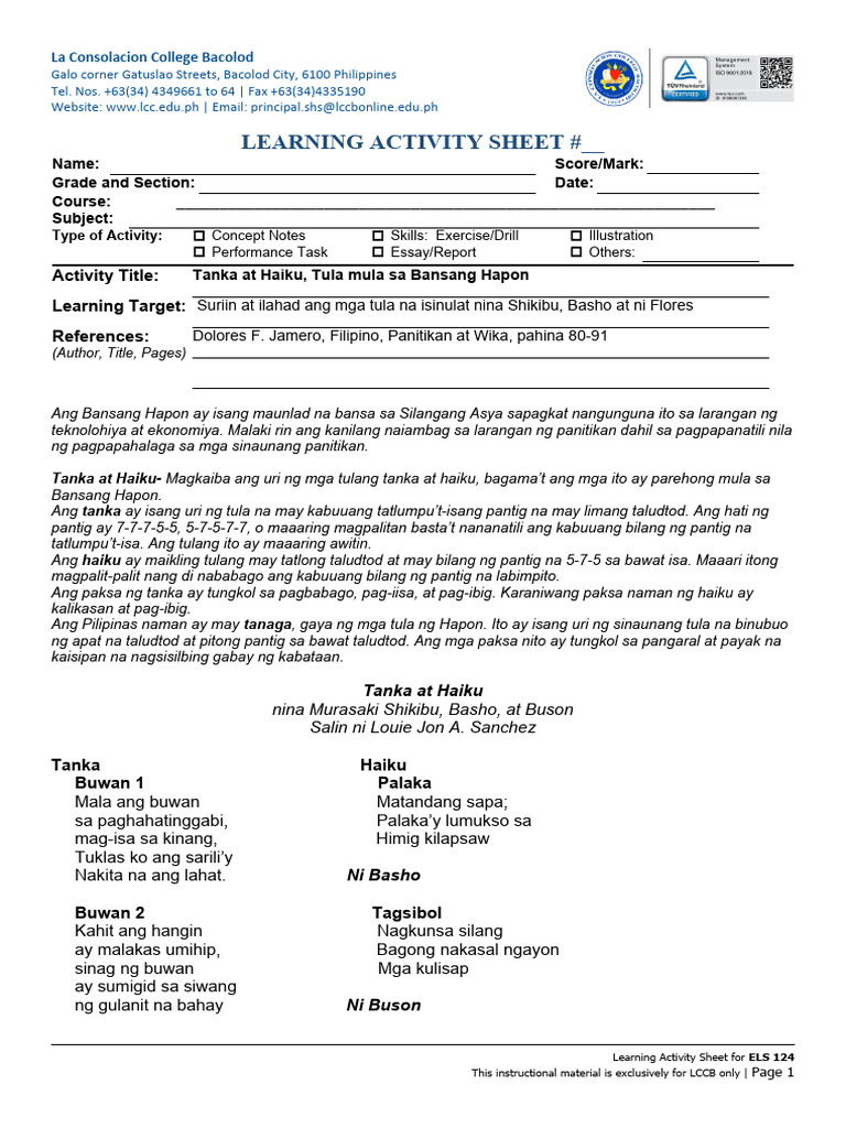 Learning Activity Sheet FILIPINO 9 | PDF