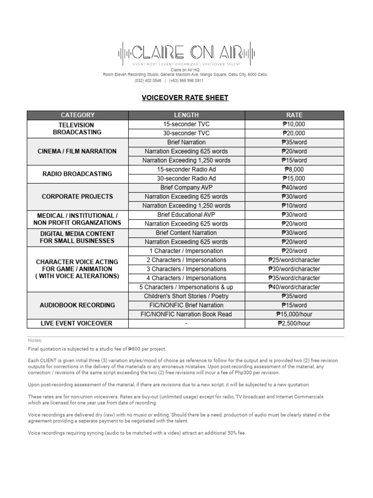 Voiceover Rate Sheet | PDF | Voice Over | Mass Media