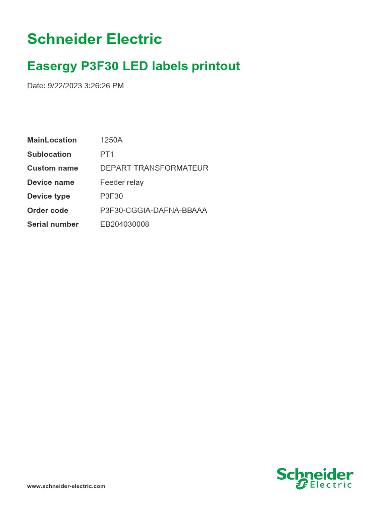 Schneider Electric: Easergy P3F30 LED Labels Printout | PDF