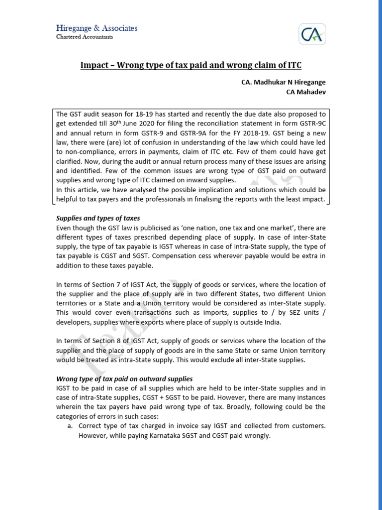 484b6 Impact Wrong Type of Tax Paid and Wrong Claim of Itc | PDF | Taxes | Governance