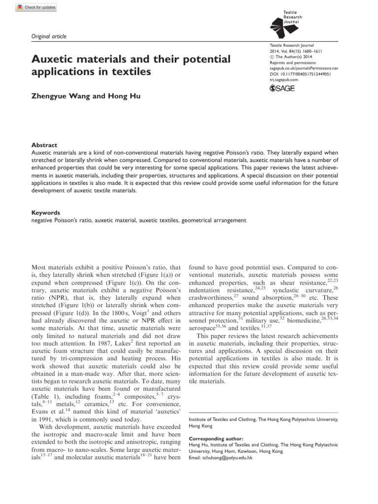 Wang Hu 2014 Auxetic Materials and Their Potential Applications in ...