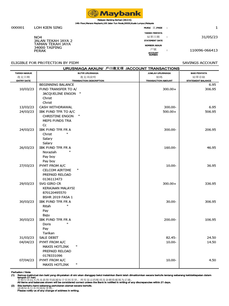 Maybank Account Transaction Summary | PDF | Debit Card | Personal Finance