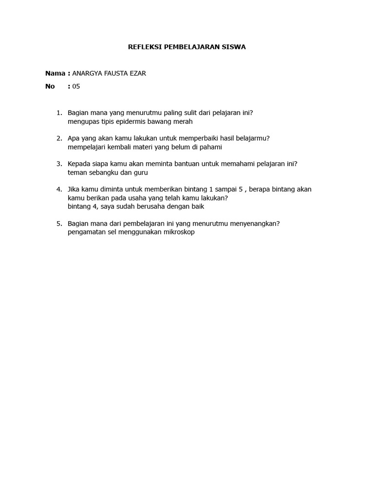 Refleksi Pembelajaran Siswa | PDF | Karier & Perkembangan | Kesehatan Holistik