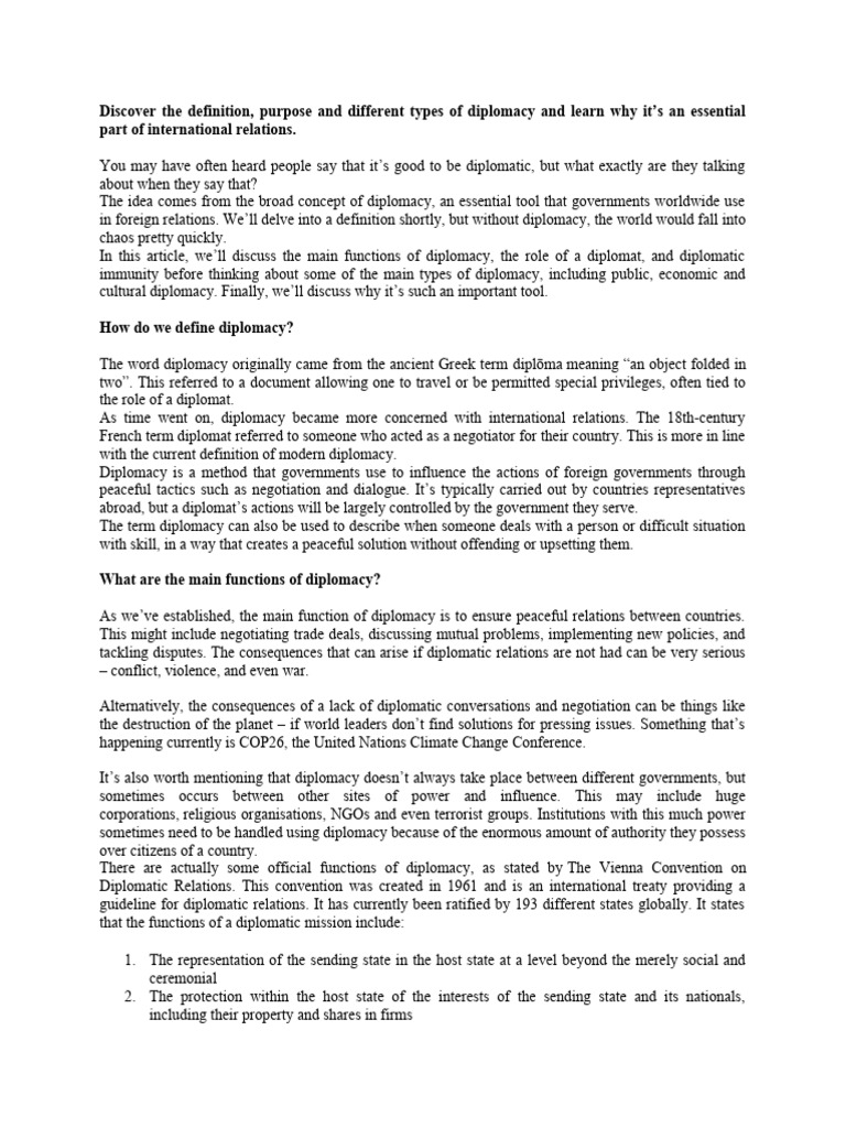 Diplomacy Notes For Students | PDF | Diplomacy | Diplomat