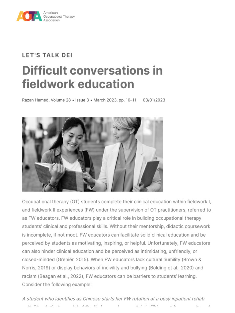 Difficult Conversations in Fieldwork Education Aota | PDF | Occupational Therapy | Mentorship